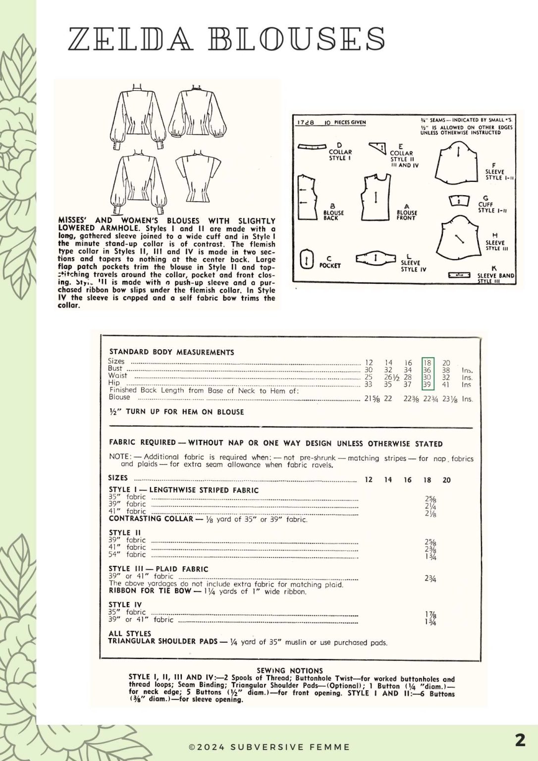 1940s Zelda Blouses in size 36, digital pattern, large format printing ...